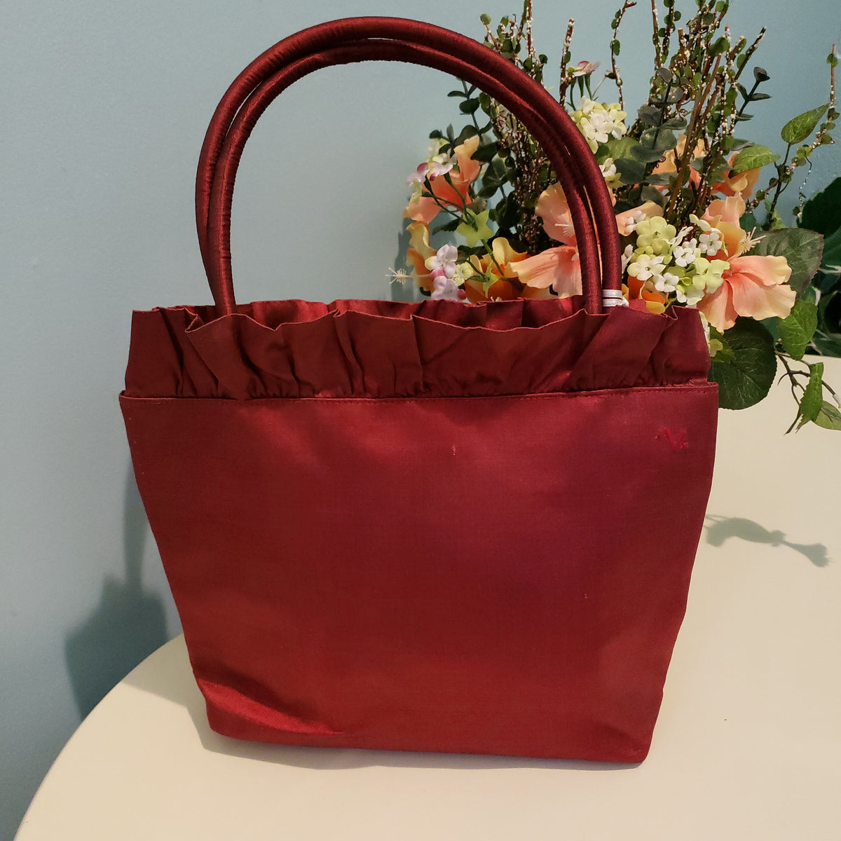 Claire V Silk Ruffle Handbag - Cranberry – Bangles And Bags